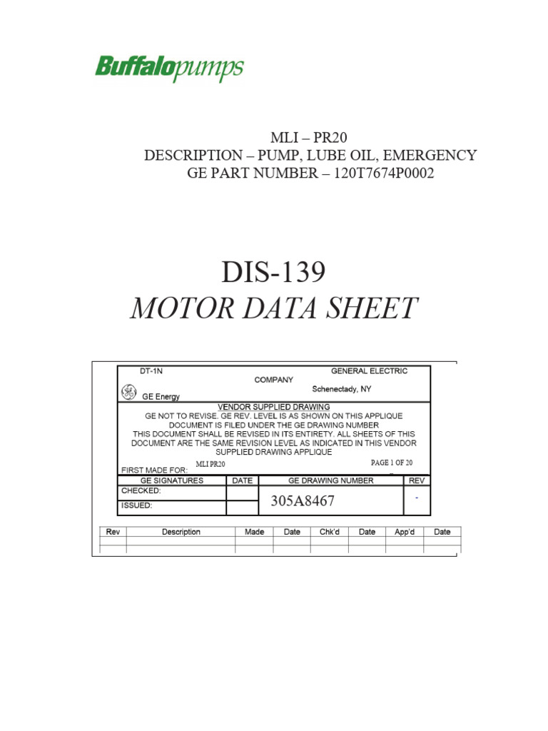 Motor Data Sheet: MLI PR20 Description Pump, Lube Oil, Ge Part Number | PDF | Technology ...