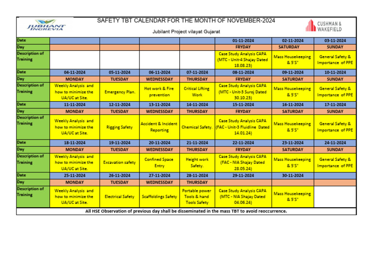 Safety TBT Calendar NOV-24. | PDF | Safety | Occupational Safety And Health