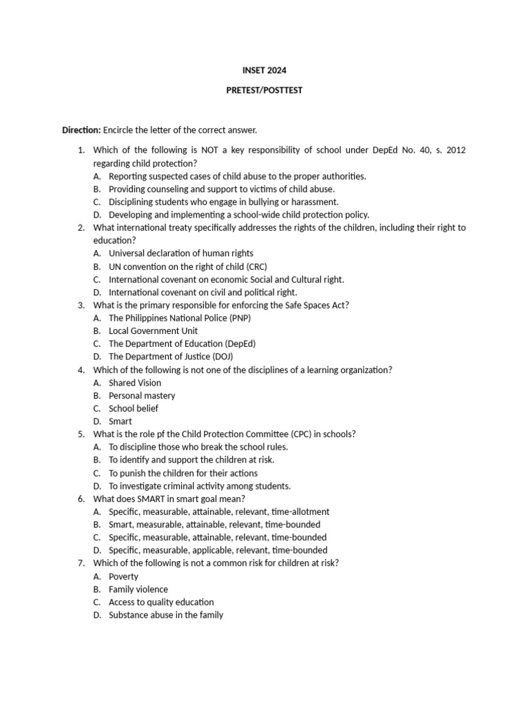 INSET 2024 Pretest | PDF | Child Protection | Literacy