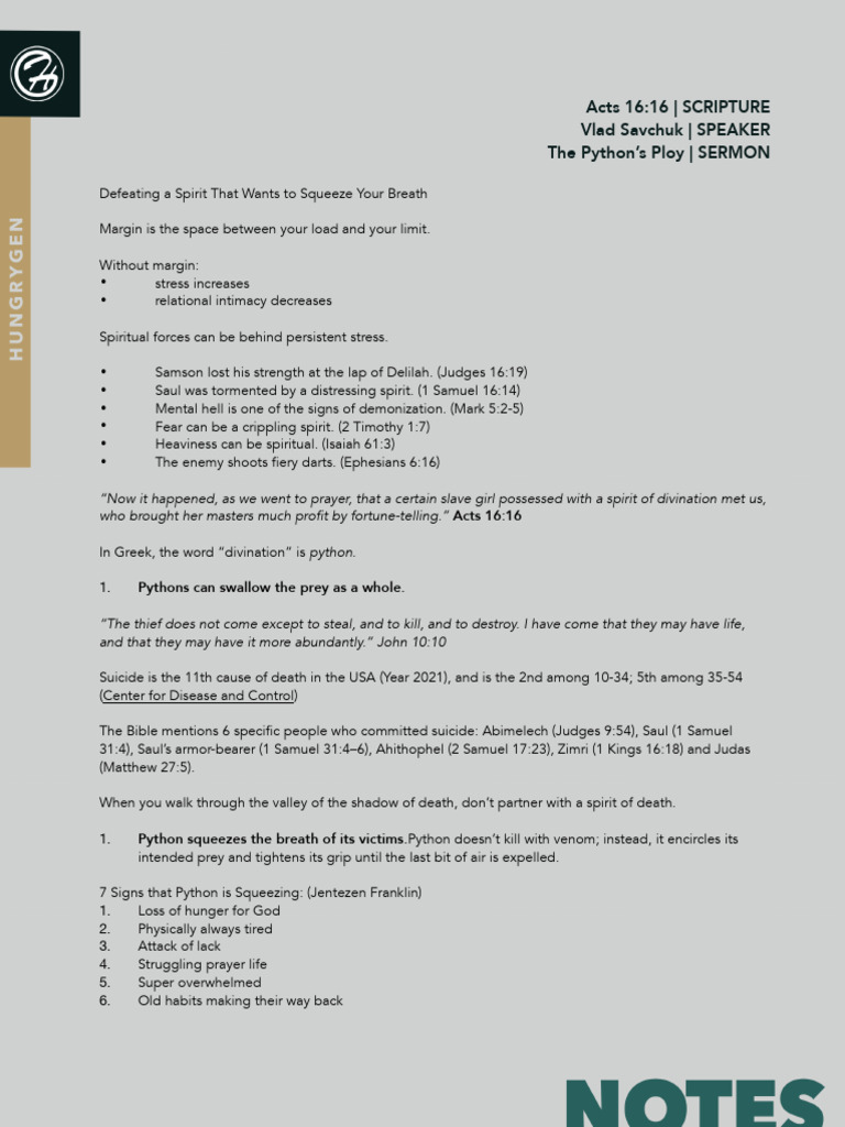 Sermon Notes The Pythons Ploy | PDF | Bible | Prayer
