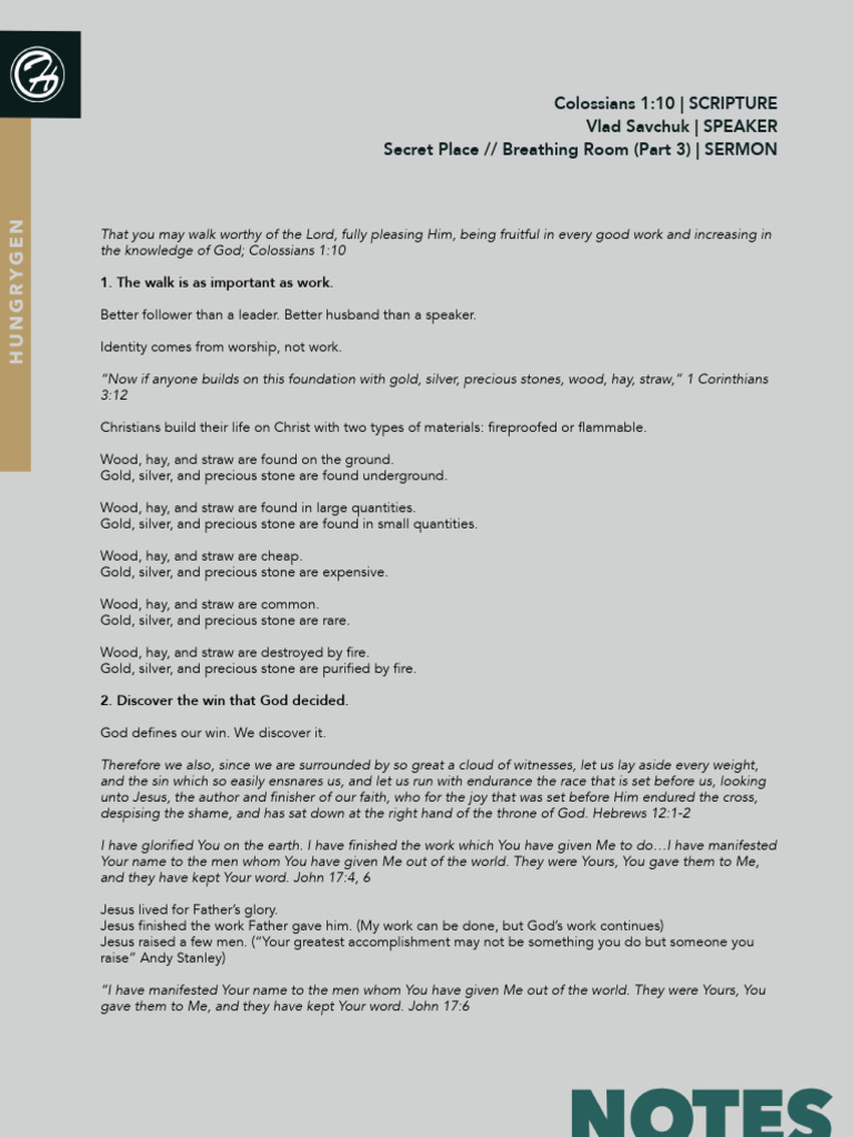 Sermon Notes Secret Place Breathing Room Part 3 | PDF | Jesus | God