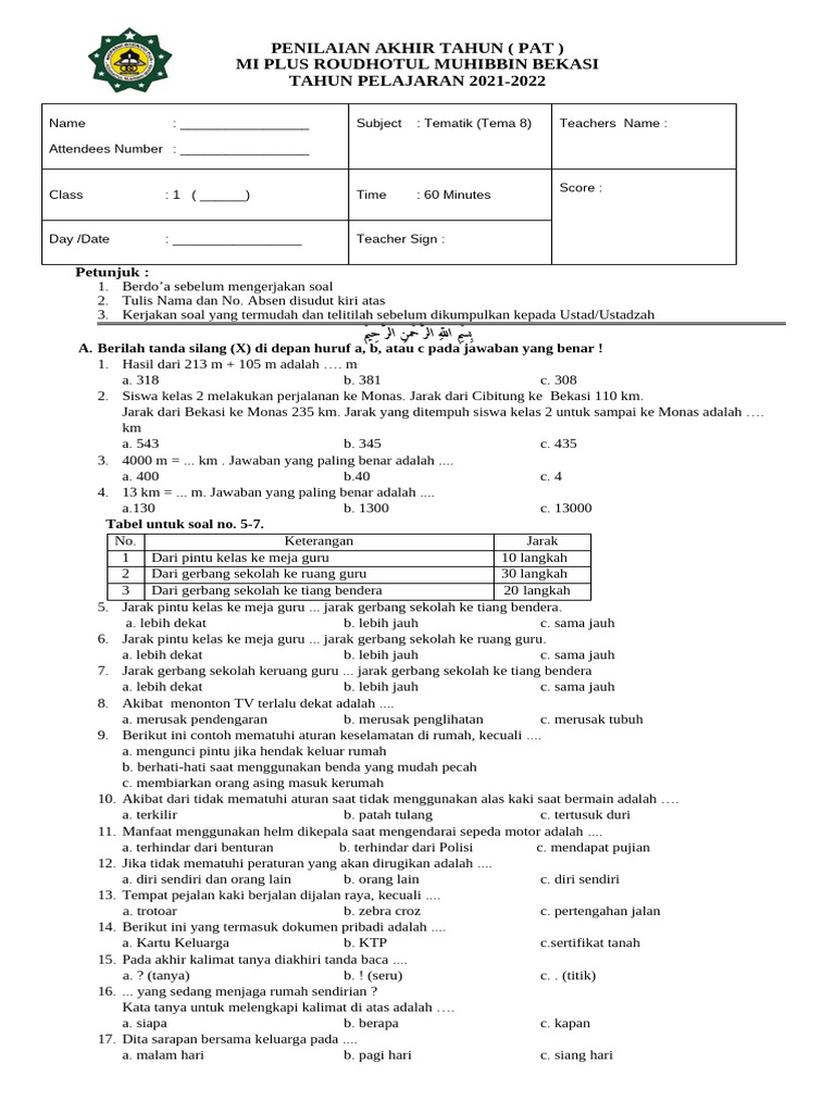 Soal PAT Tema 8 Kelas 1 21.22 | PDF