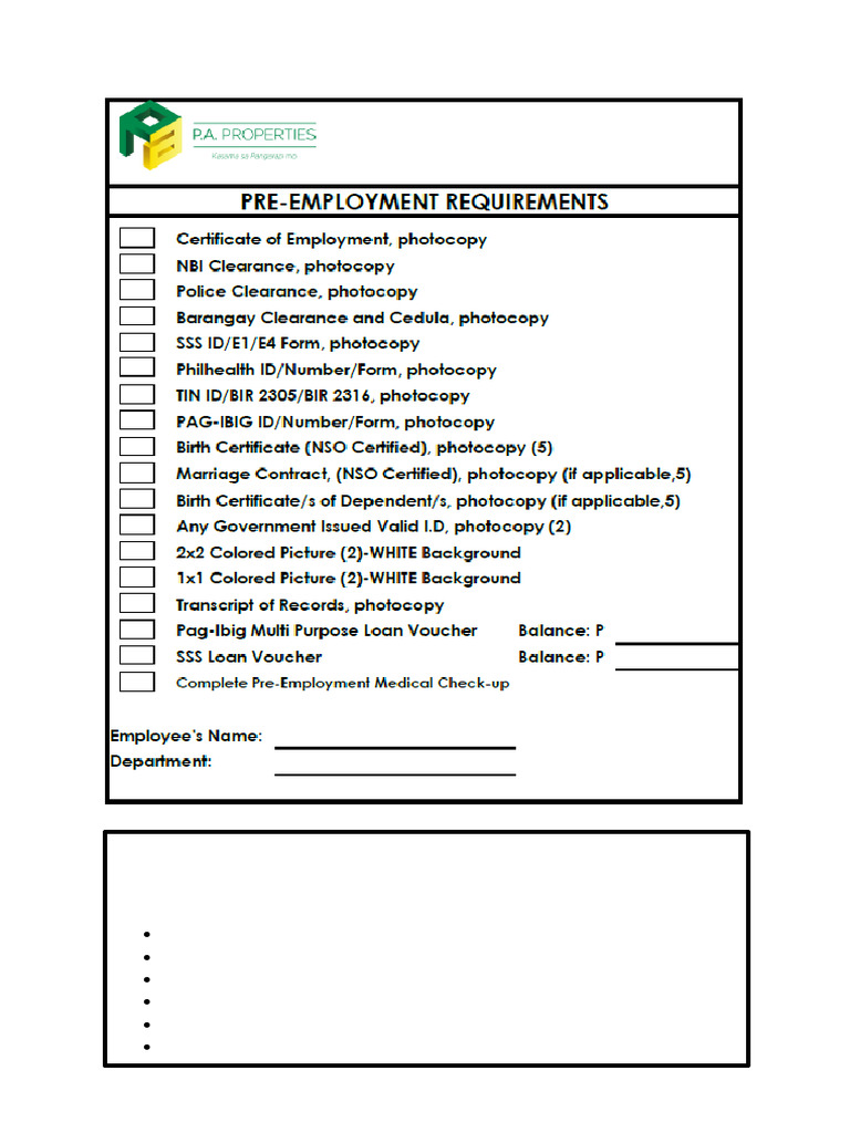 List of Pre-Employment Requirements | PDF