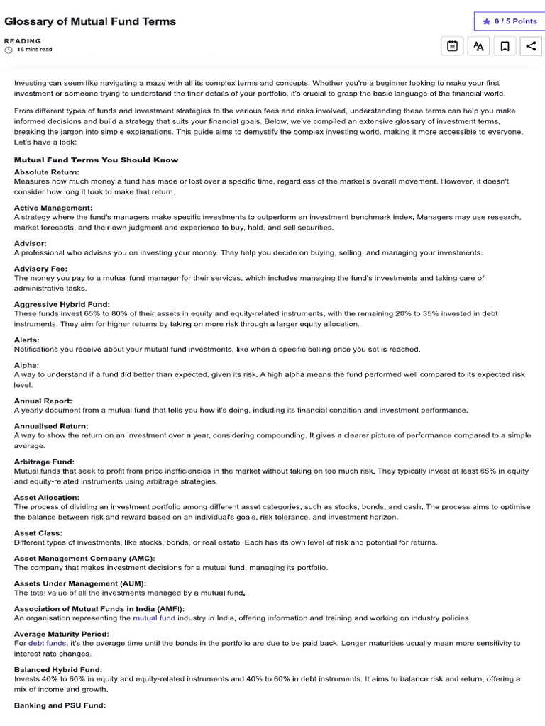 Glossary of Mutual Fund | PDF