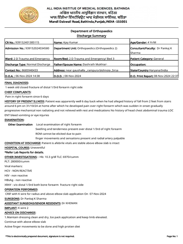 Ajay Distal Both Bone Forearm Fracture Hospital Discharge Card | PDF ...