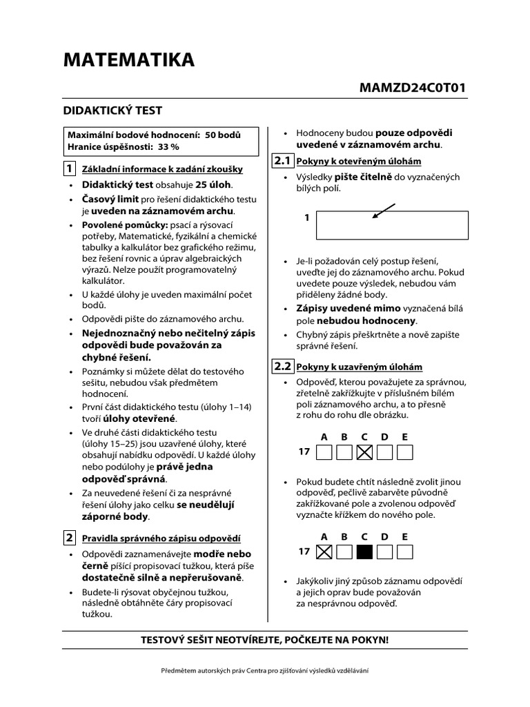 Matematika Test A - Řešení | PDF