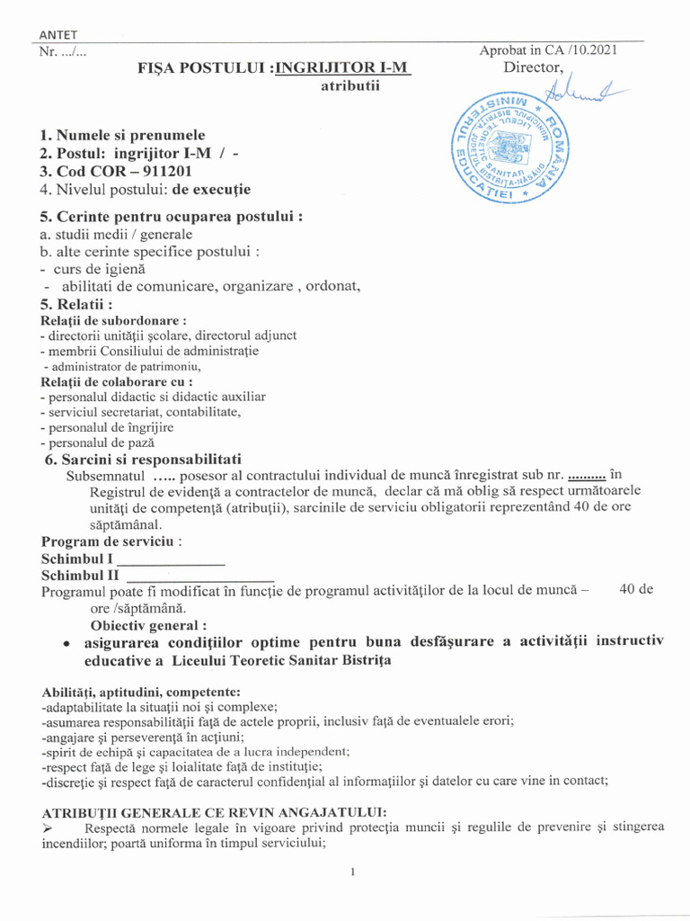FISA POSTULUI Ingrijitor Lic Sanitar - 1 | PDF