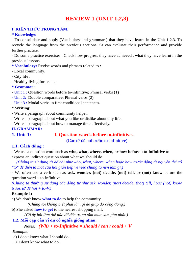 Review 1 - Unit 1-2-3 (Grammar) - GV | PDF