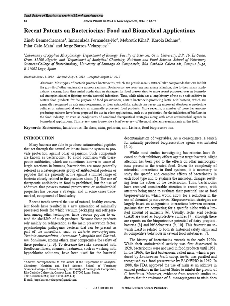 Recent Patents on Bacteriocins | PDF | Cell Membrane | Bacteria