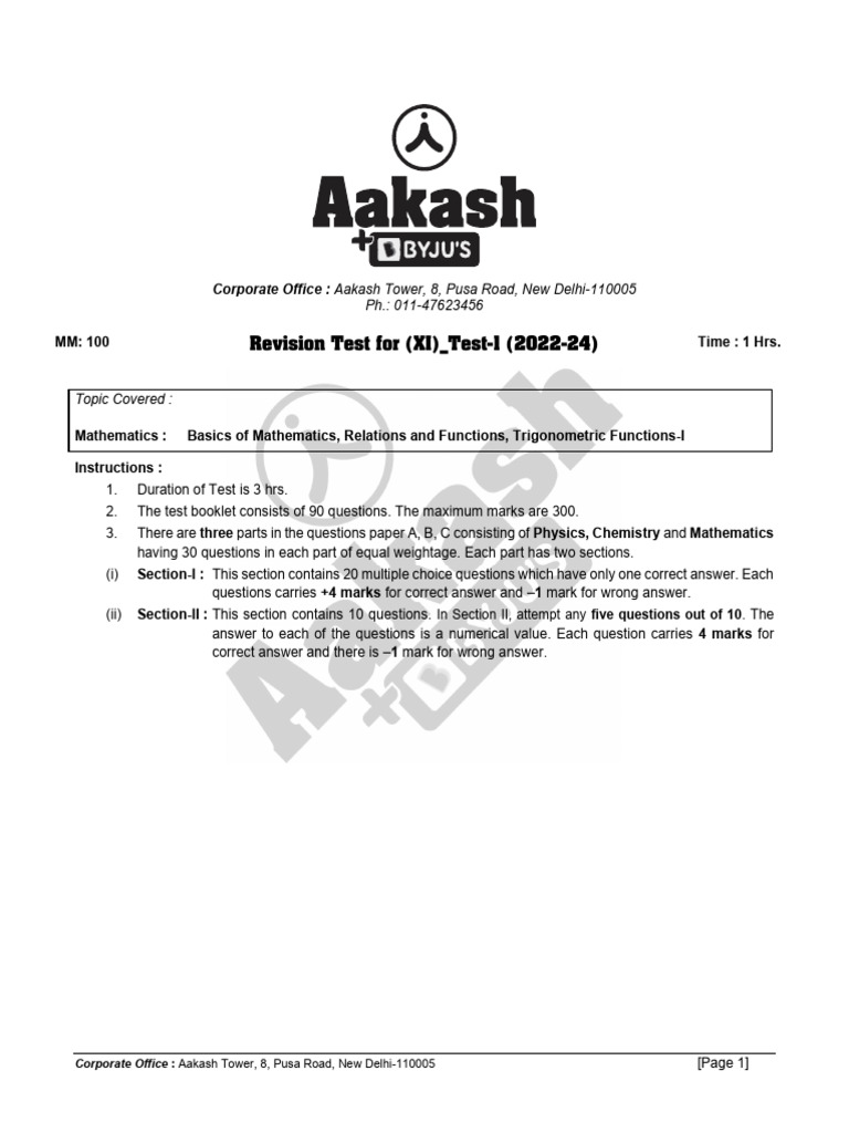 Revision Test For (XI) - Test-01 - (2022-24) - Math - (Only Que.) | PDF ...