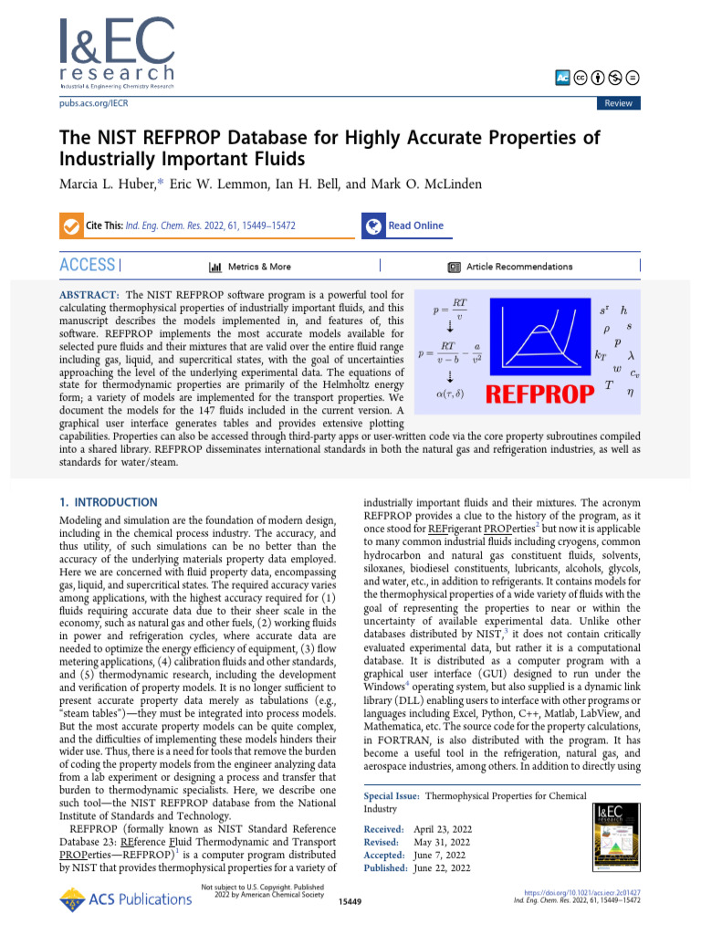 Huber Et Al 2022 The Nist Refprop Database For Highly Accurate ...