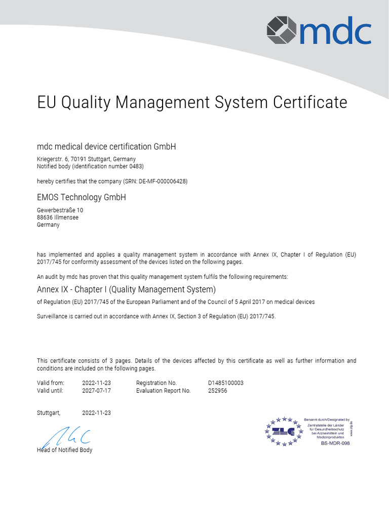 EU Quality Management System Certificate 23-11-2022 - DE | PDF | Medical Equipment