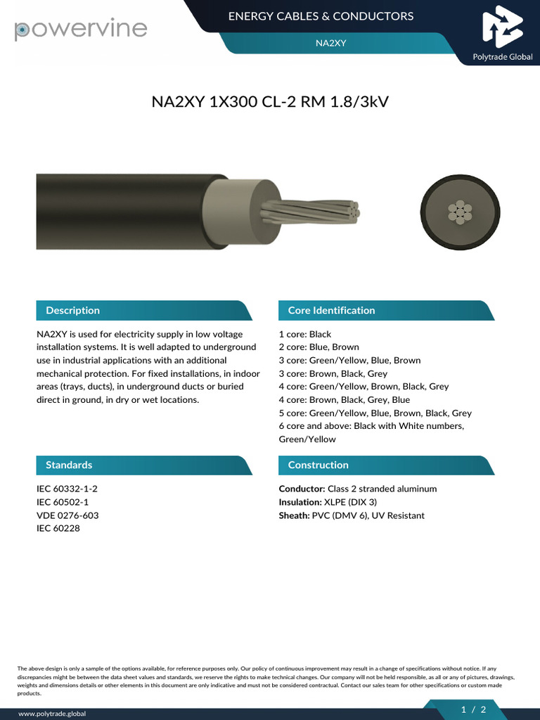 TDS For PTG152 00098 NA2XY 1X300 CL 2 RM 1 8 3kV | PDF | Electrical Conductor | Insulator ...