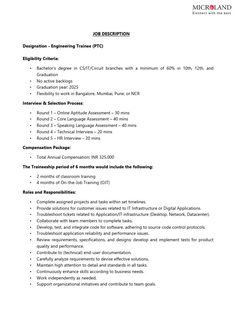 JD & FAQ'S - T3 - Engineering Trainee - PTC | PDF | Apprenticeship | Computing