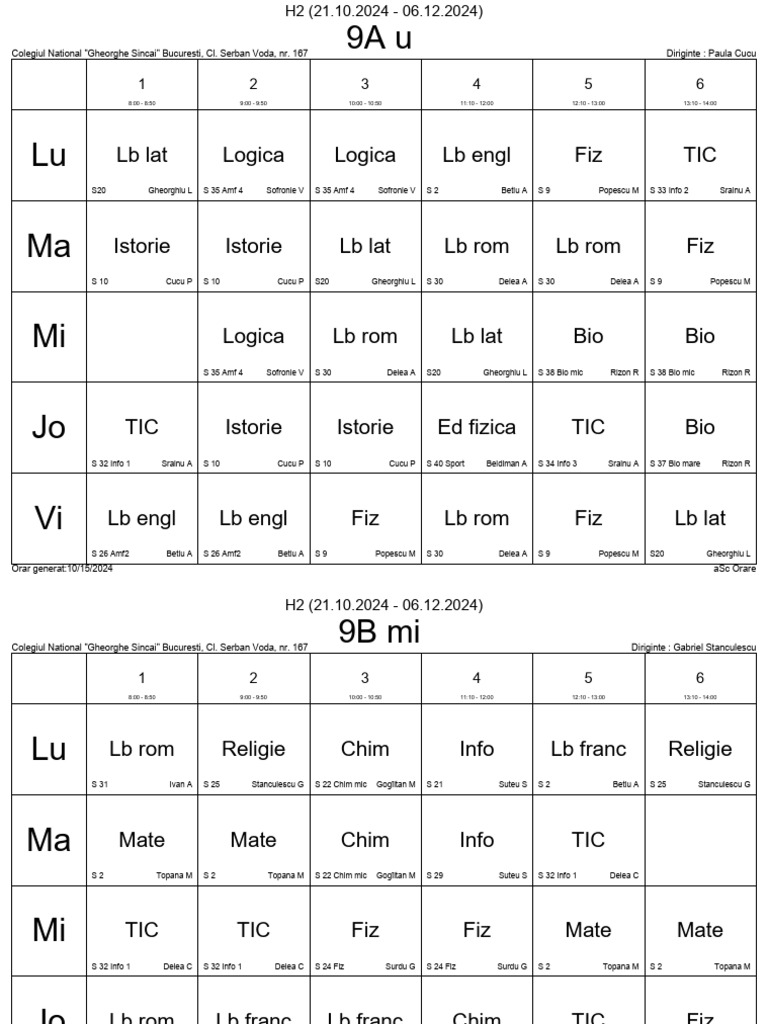 Horarios Colegiul Gheorghe Sincai | PDF