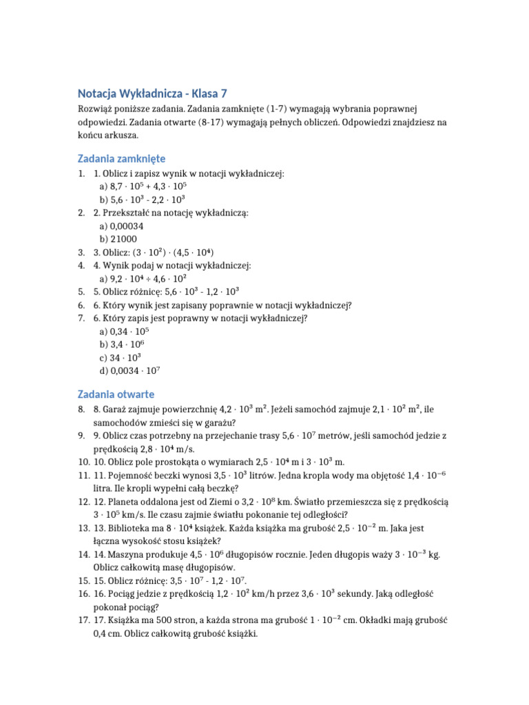 Notacja Wykładnicza Klasa 7 Solutions Updated | PDF