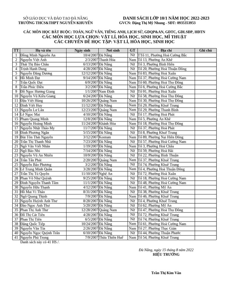 2022 08 19 DS HS Lop 10 Da Xep Lop NH 2022 2023 Moi Nhat | PDF