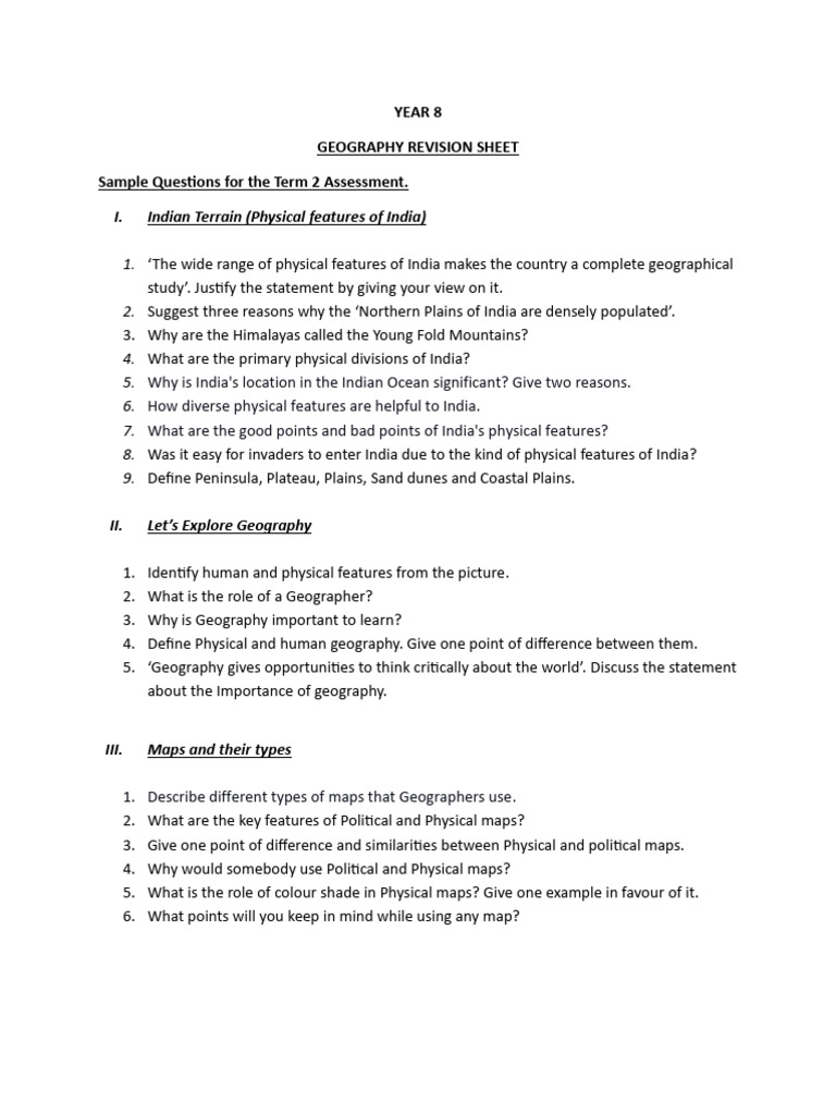 Y8 Geography Revision Sheet Term 2 Assessment | PDF