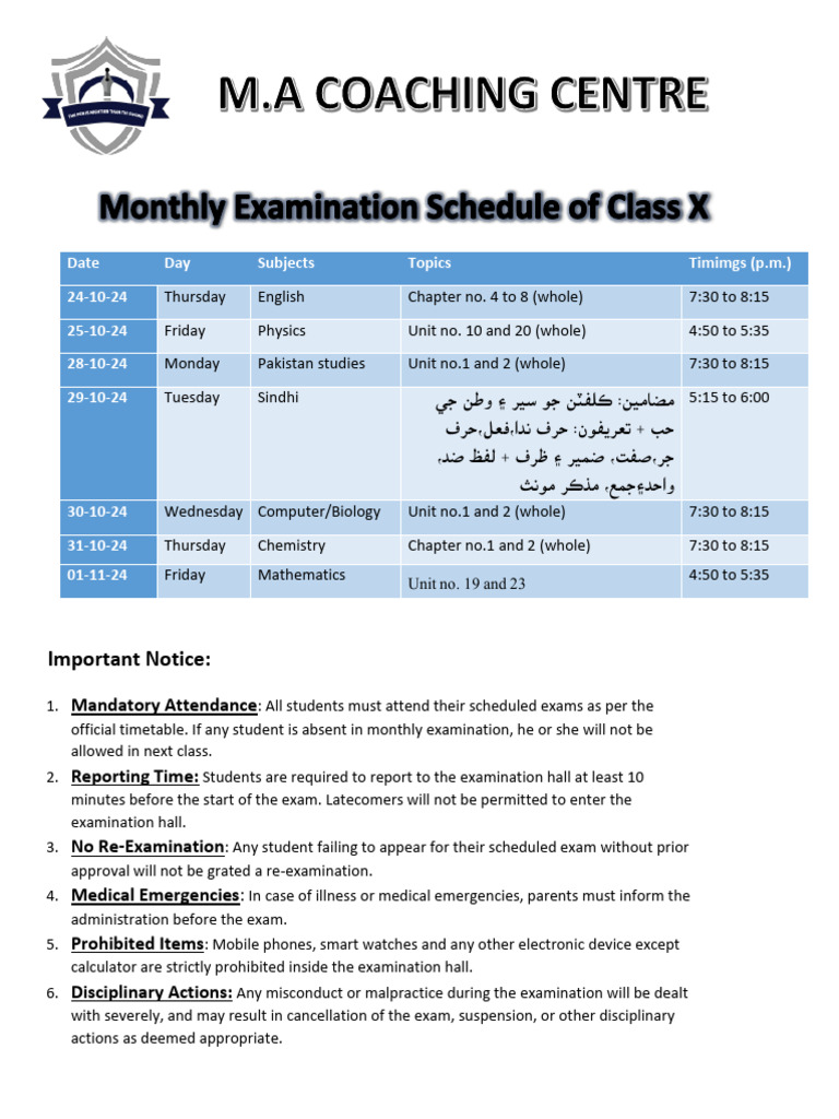 Monthly Examination Schedule of Class X | PDF | Science & Mathematics