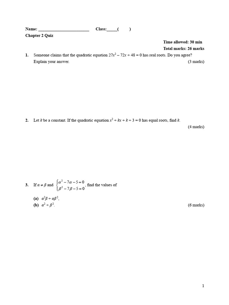 Chapter 2 Quiz | PDF | Quadratic Equation | Algebra