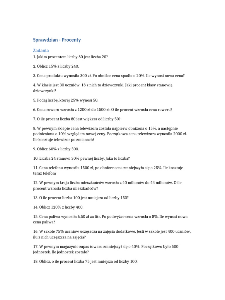 Sprawdzian Procenty | PDF