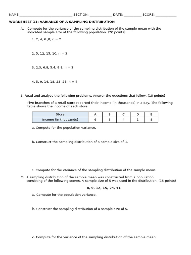 Statistics Variance Worksheet | PDF | Teaching Methods & Materials