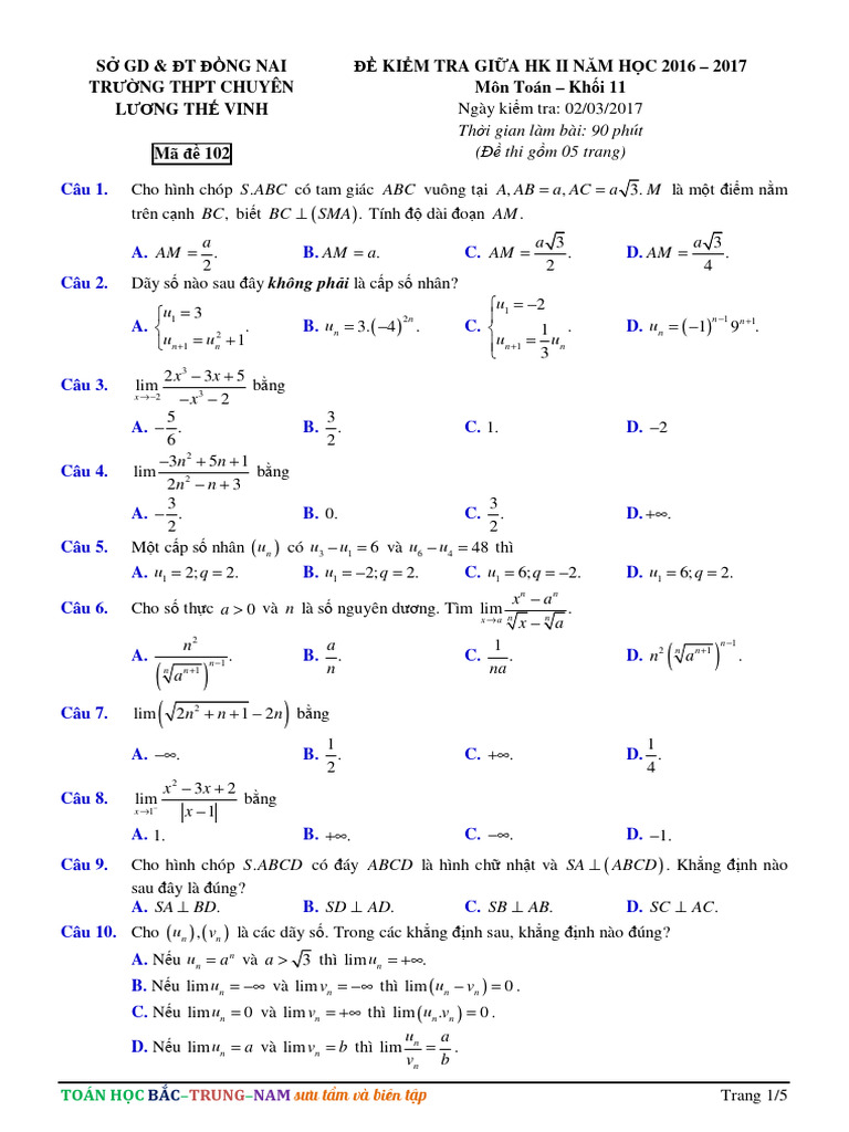 GK2-K11-Tru ng-THPT-Chuyên-Luong-Th - Vinh-Biên-Hòa-Ð Ng-Nai | PDF