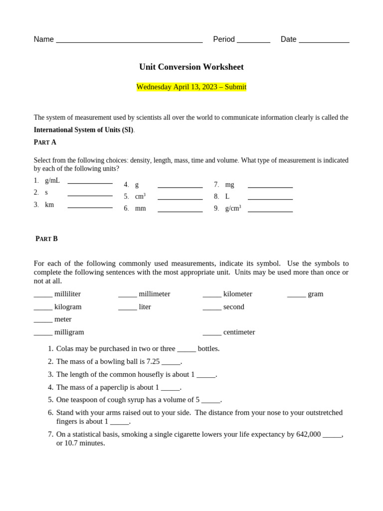 Unit Conversion Worksheet Guide | PDF | Litre | Kilogram
