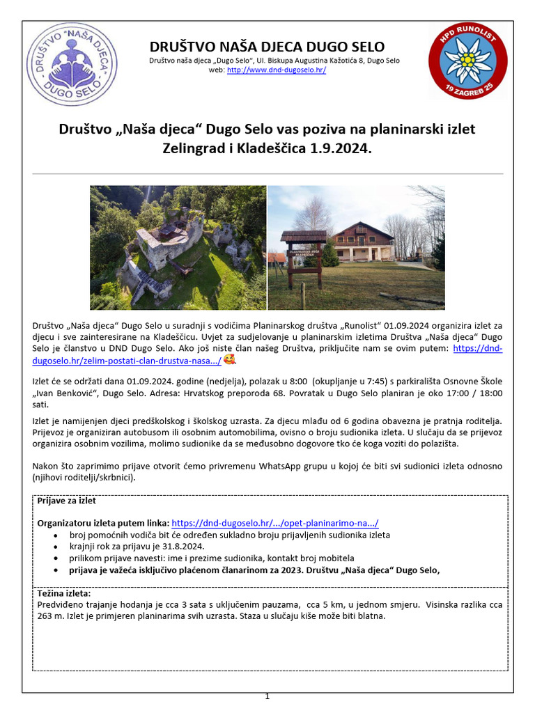 Plan Izleta Kladescica DND Dugo Selo Rujan 2024 1 | PDF
