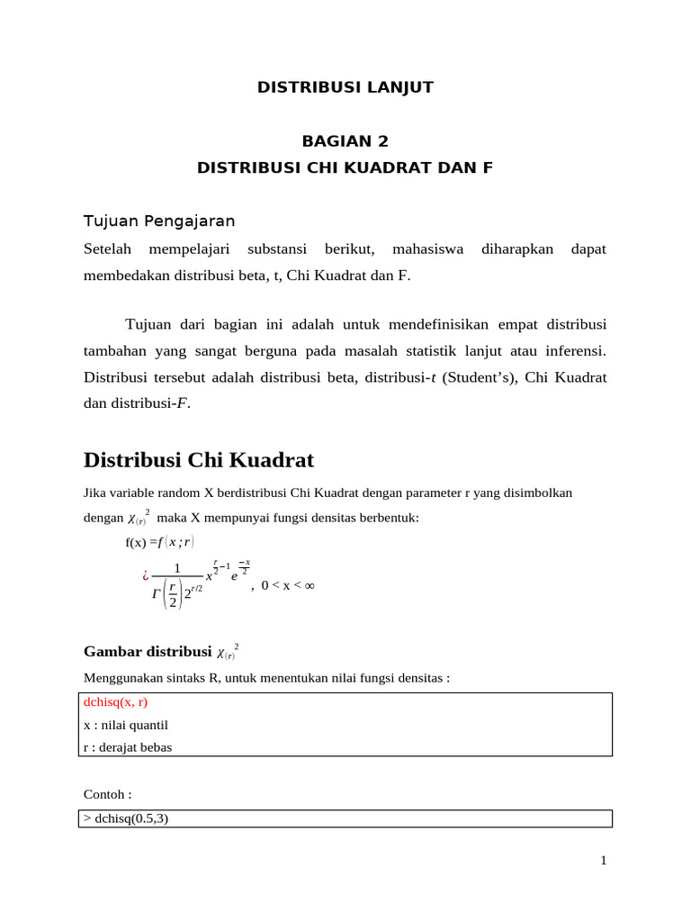 DISTRIBUSI CHI KUADRAT, F Dan Distribusi Sampling | PDF
