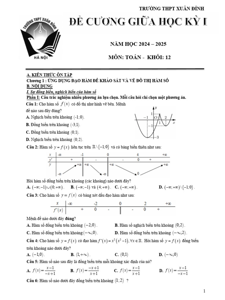 De Cuong Giua Hoc Ky 1 Toan 12 Nam 2024 2025 Truong THPT Xuan Dinh Ha Noi | PDF