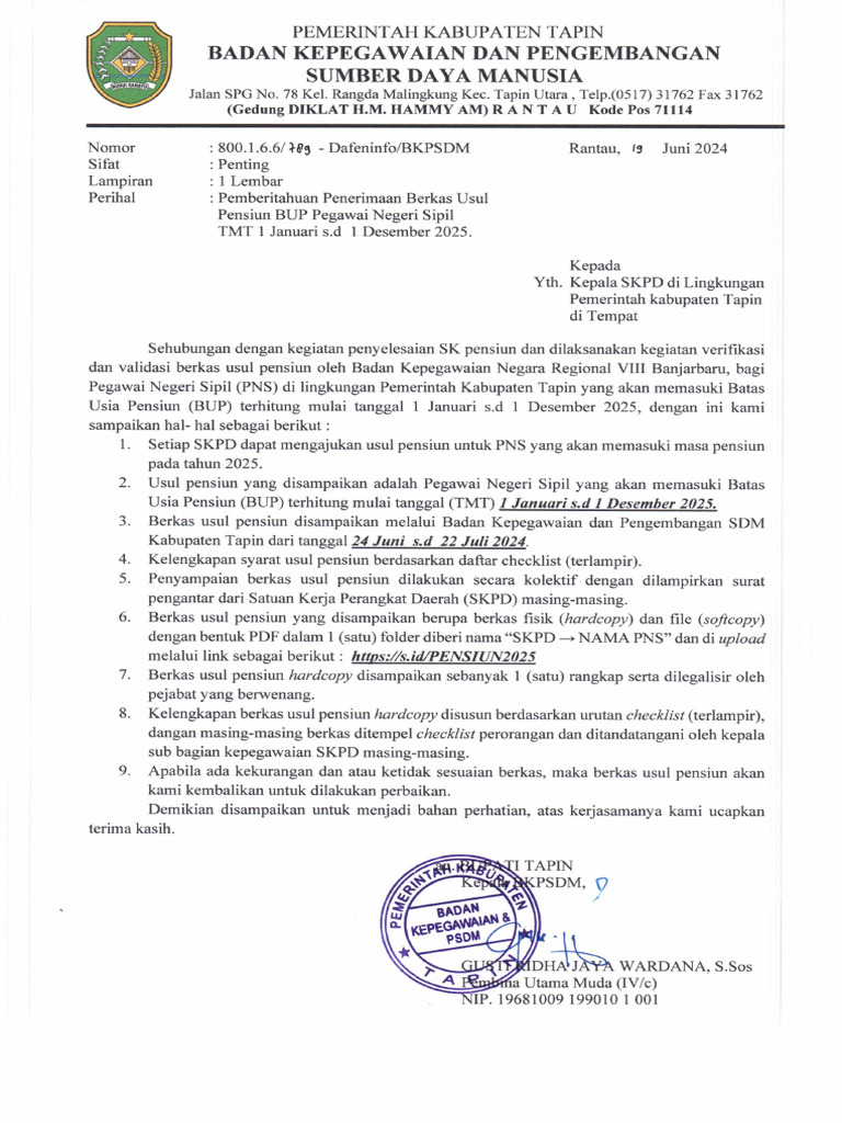Surat Edaran Pemberitahuan Penerimaan Berkas Pensiun Bup TMT 1 Januari | PDF