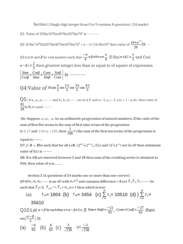 Trigo and Sequence Series 29 July Advanced Paper JR IIT | PDF ...