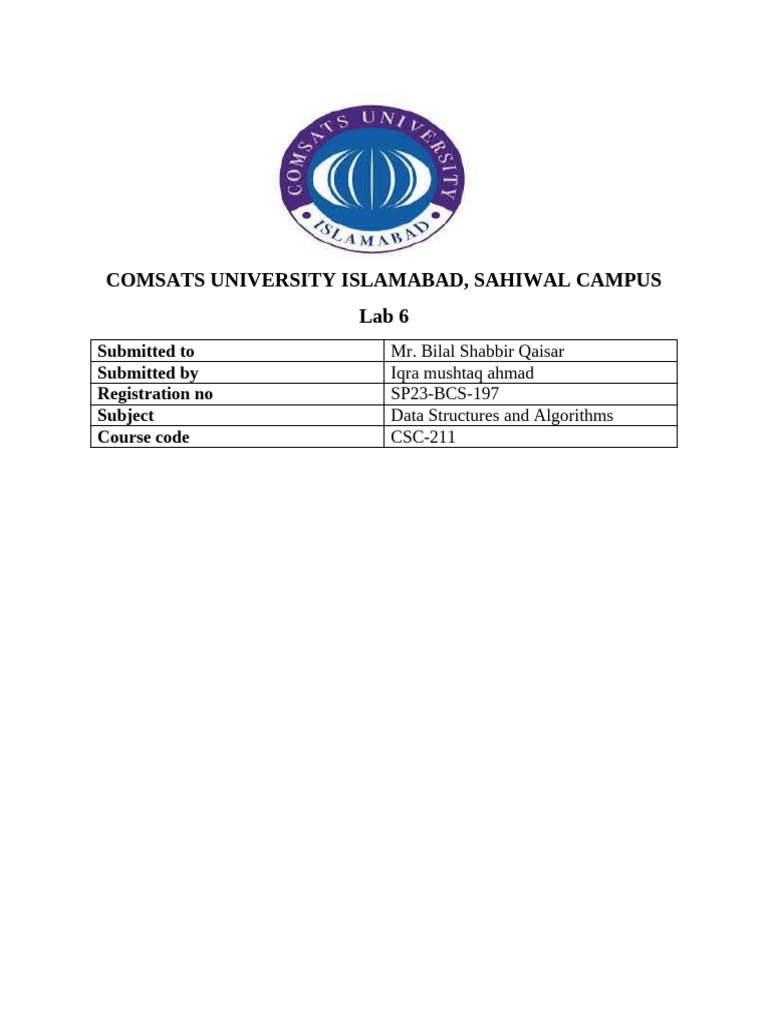 DSA Lab 06 Task SP23-BCS-197 Iqra Mushtaq Ahmad | PDF | Computing | Software Engineering