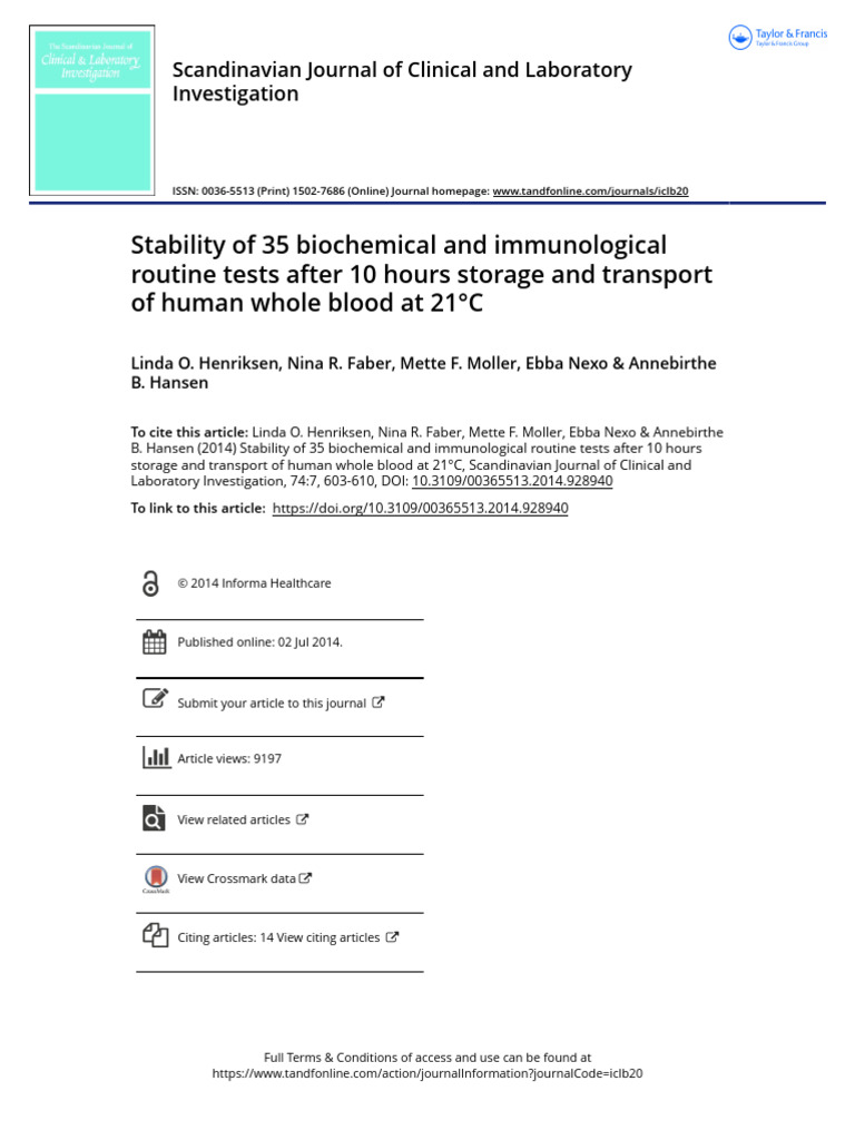 Stability of 35 Biochemical and Immunological Routine Tests After 10 ...