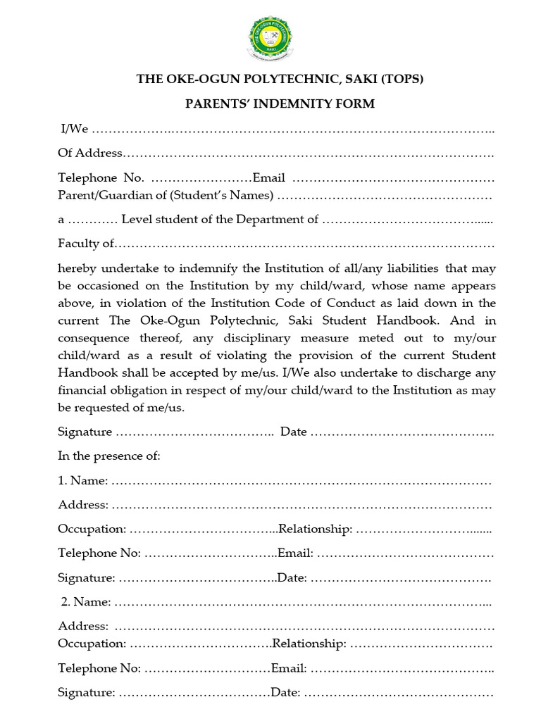 Parents Indemnity Form For New Students | PDF | Language Arts ...