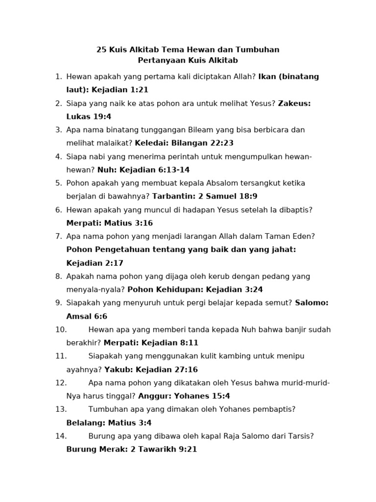 25 Kuis Alkitab Tema Hewan Dan Tumbuhan | PDF