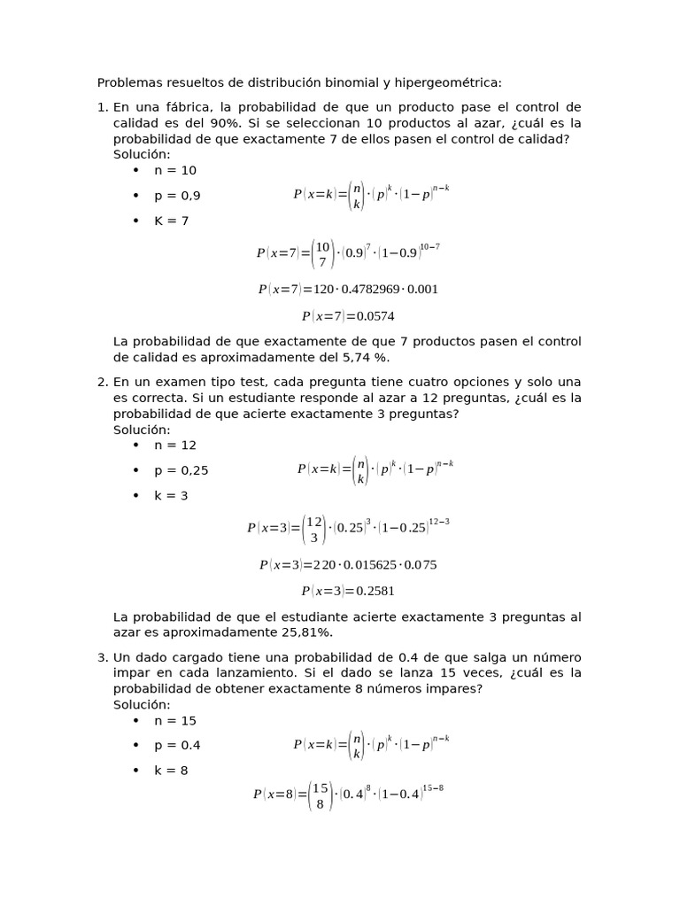 Problemas resueltos de distribución binomial y hipergeometrica | PDF | Teoría de probabilidad ...