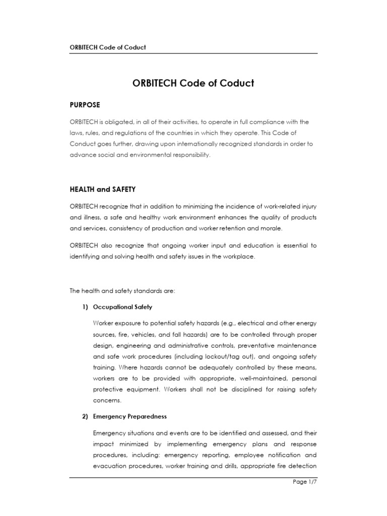 Code of Conduct - ORBITECH | PDF | Occupational Safety And Health ...