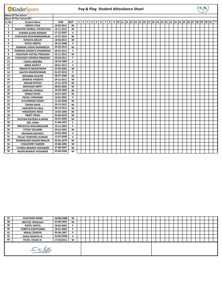 Trainer&Coach Students Attendance Sheet October | PDF