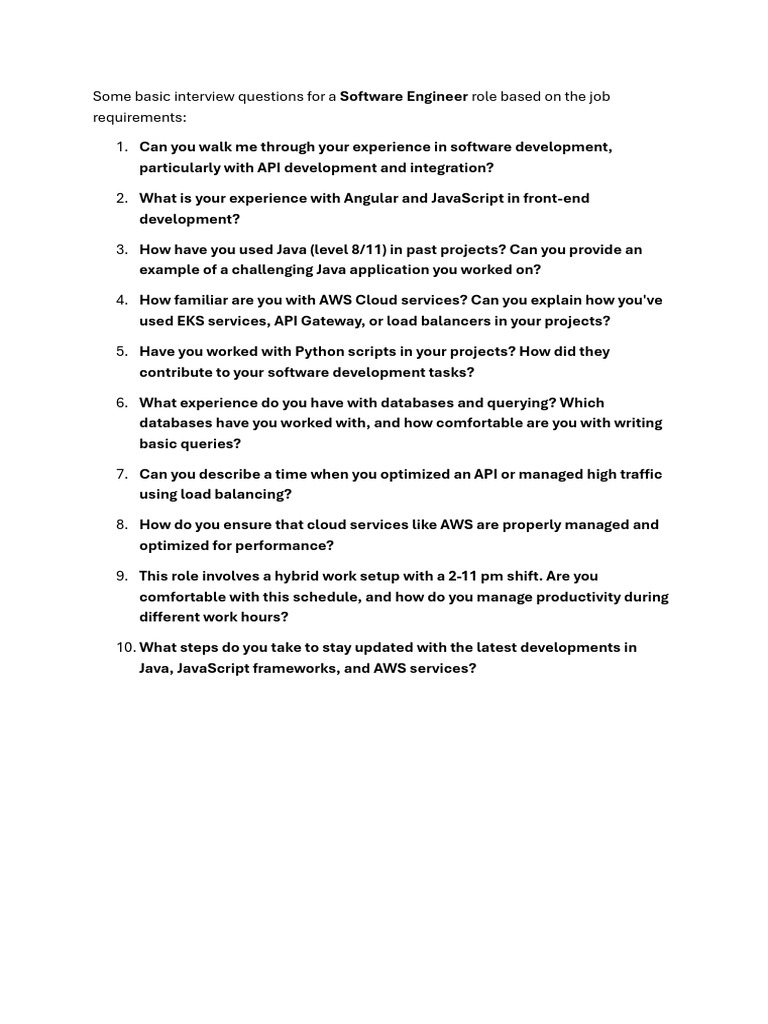 Some Basic Interview Questions For A Software Engineer Role Based On ...
