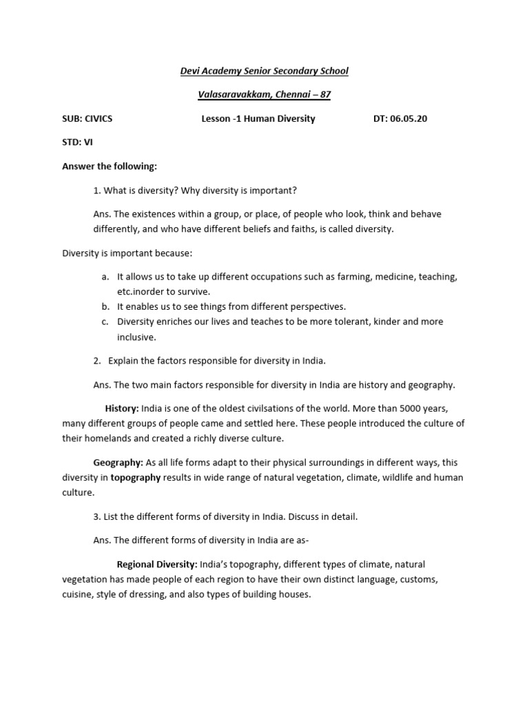 CIVICS LN 1 HUMAN Diversity CW | PDF | Multiculturalism | Languages Of ...