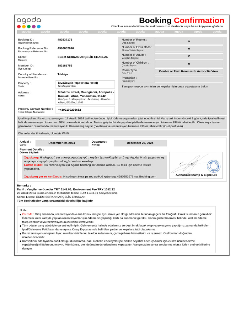 Confirmation For Booking ID # 482537175 | PDF