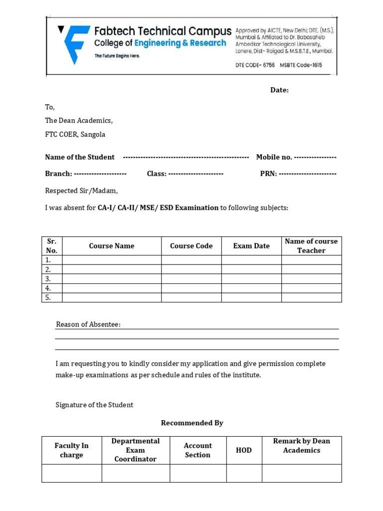 Absent Letter Format | PDF