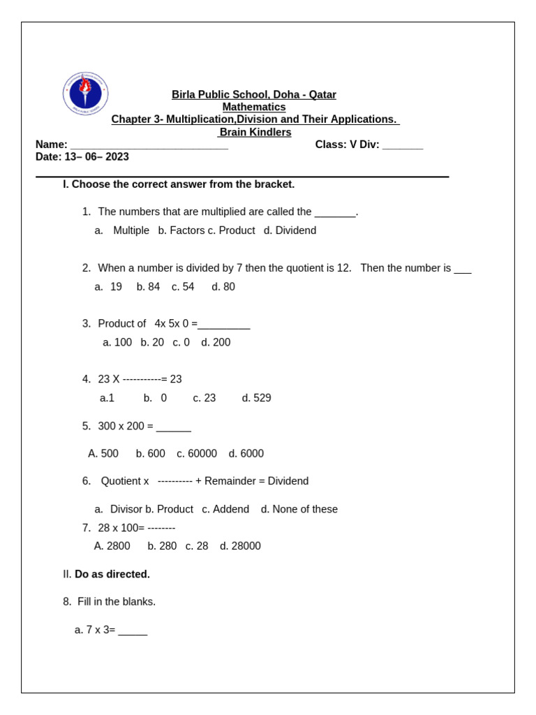 Class 5 Multiplication Division Worksheet Pdf Division