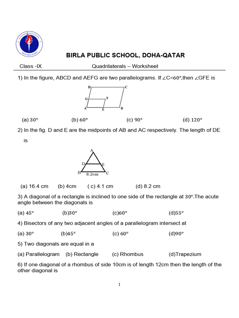 Grade Ix Quadrilaterals Worksheet | PDF | Rectangle | Euclid