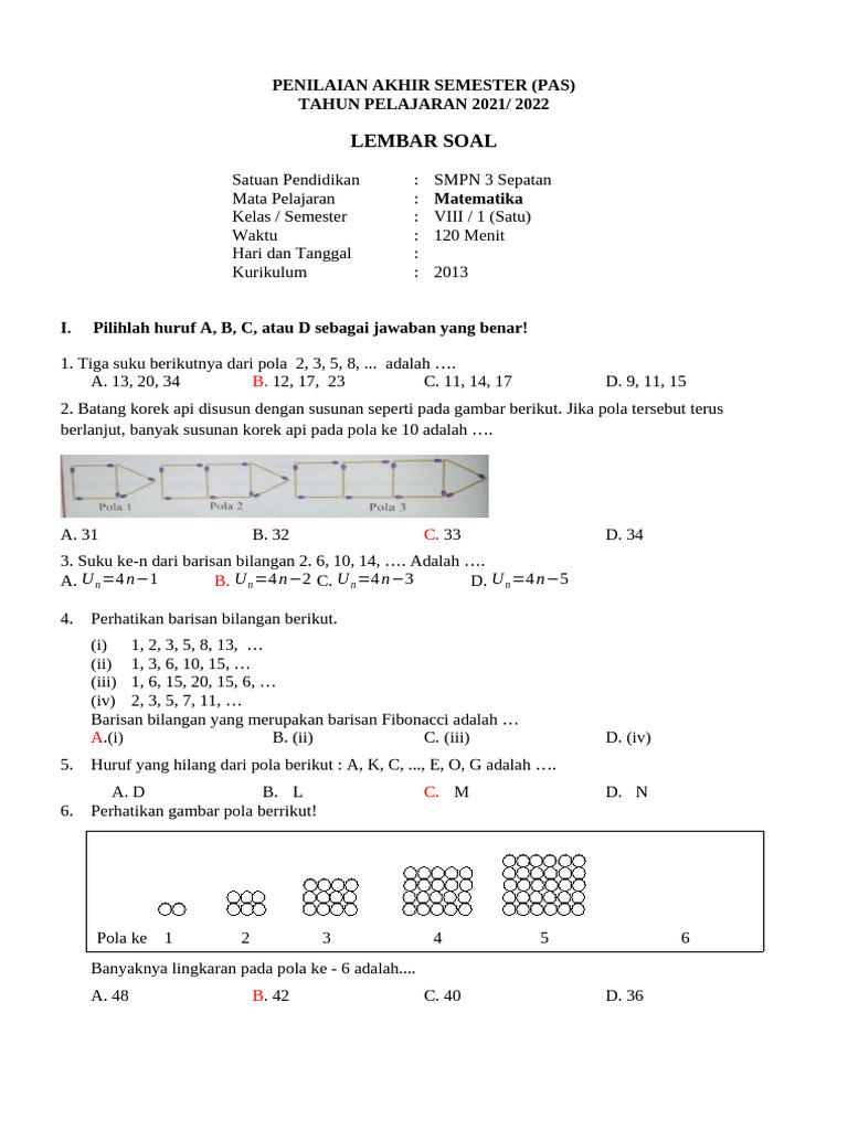 Soal Pas MTK KLS 8 | PDF