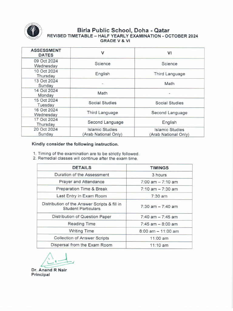 Revised Timetable For Half Yearly - Gr. V VI - Oct 2024 | PDF