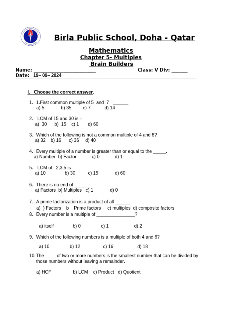 Grade 5 - Math-CH - 5 Multiples Worksheet | PDF | Numbers | Algebra