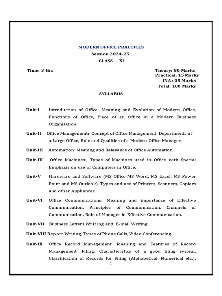 11th - Modern Office Practices Syllabus (2024-25) | PDF